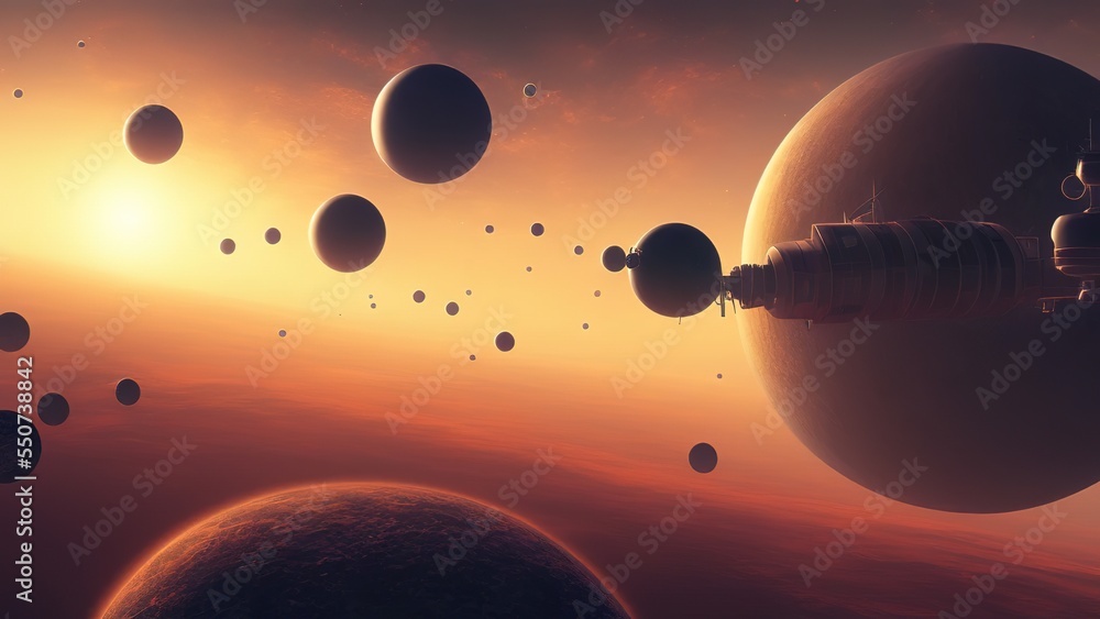 Astronaut on alien planet landscape with scientific laboratory ...