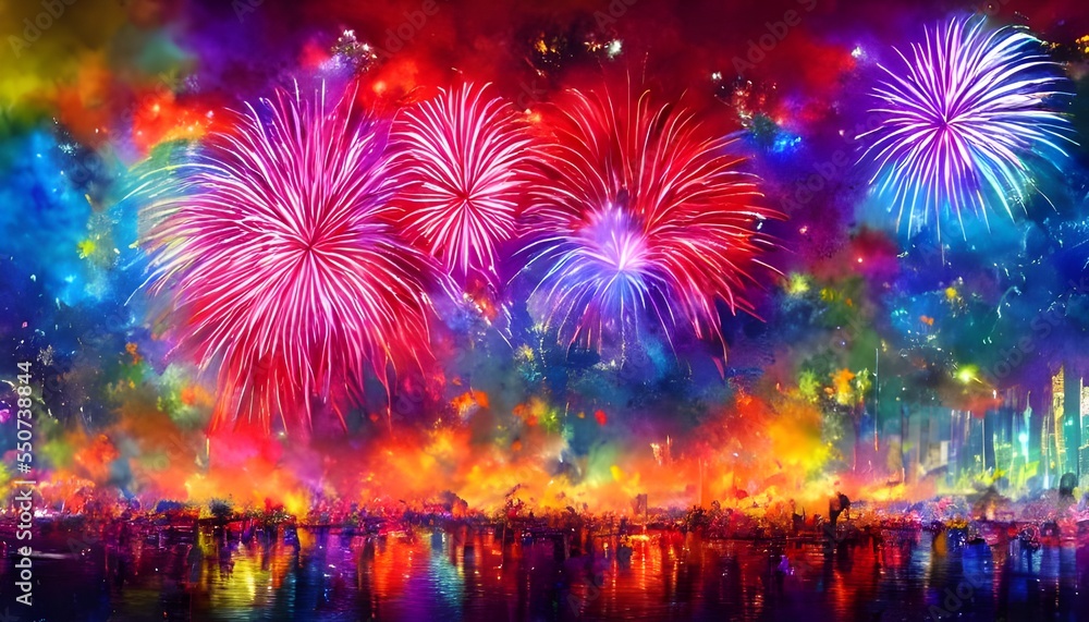 The sky is ablaze with vibrant colors as fireworks explode overhead. A ...