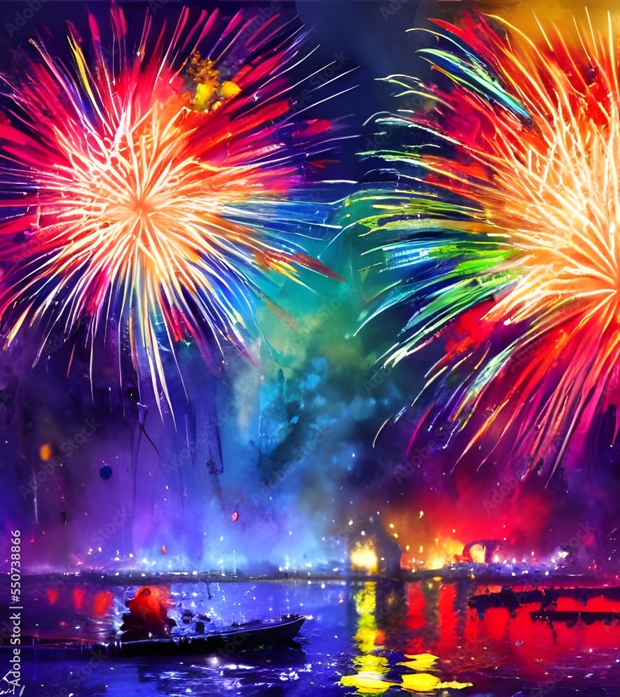 The sky is lit up with vibrant colors as the fireworks explode in the ...