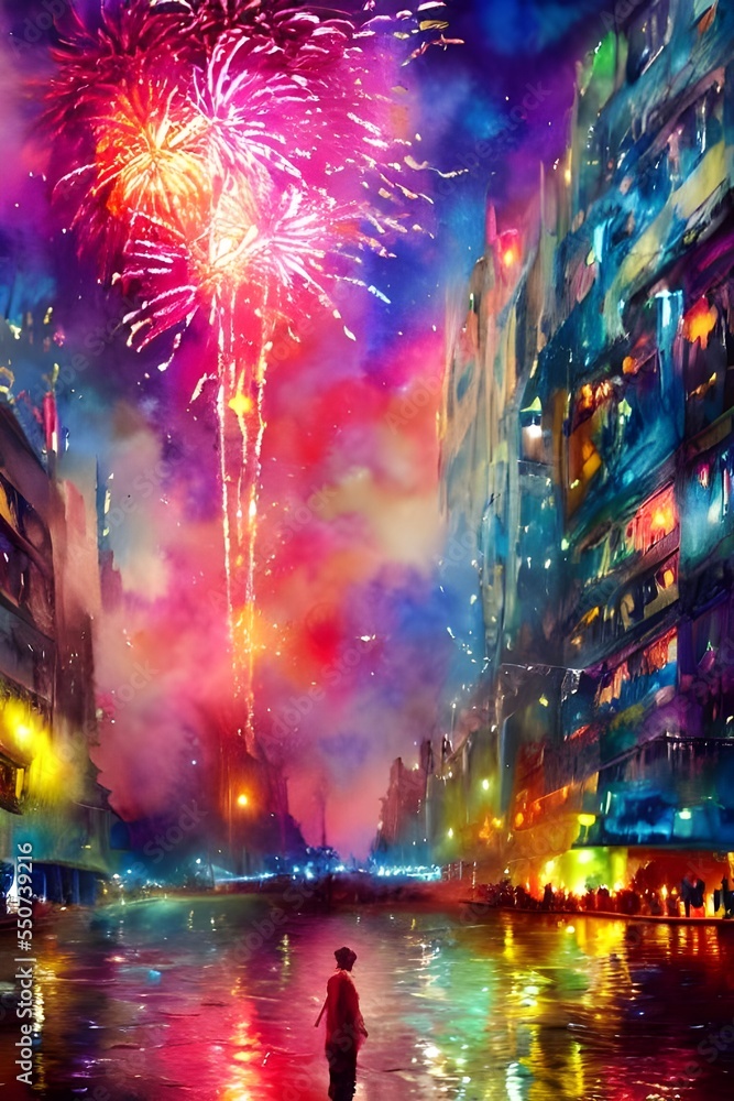 The fireworks explode in the sky, sending sparks of light raining down ...