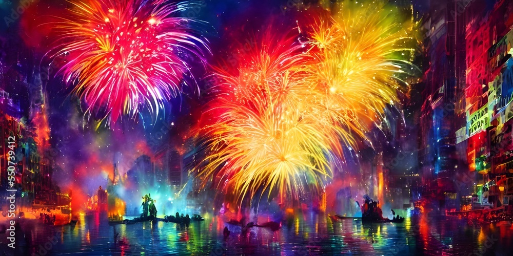 The sky is ablaze with colors as the fireworks explode overhead. The ...
