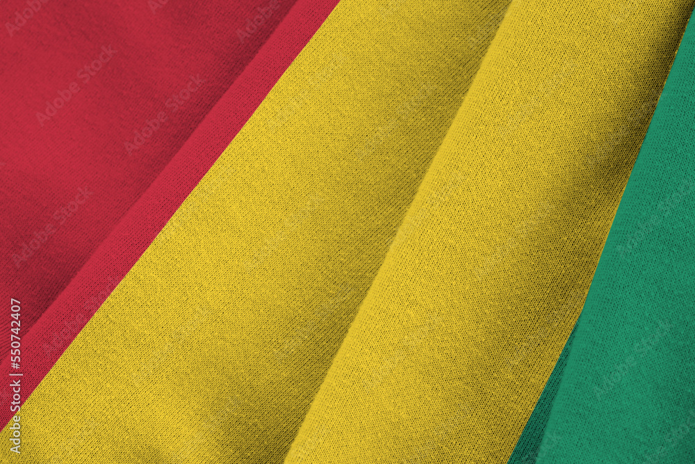 Guinea flag with big folds waving close up under the studio light ...