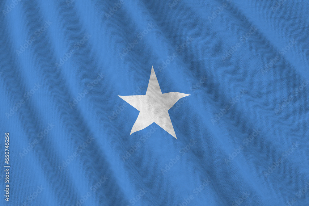 Somalia flag with big folds waving close up under the studio light ...