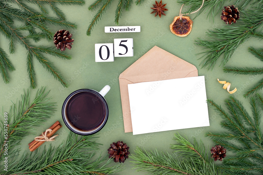 December 5. Calendar date, white blank with craft envelope, cup of tea ...