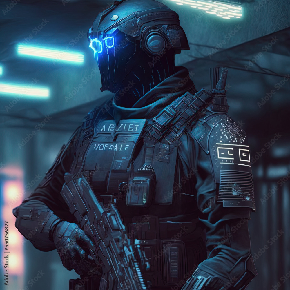 Policeman holding gun in futuristic city. modern digital art 3d ...