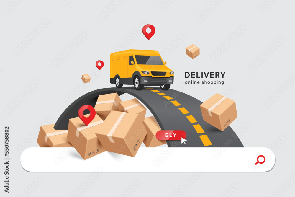 Yellow delivery van is parked on the road and below are stacked parcel ...