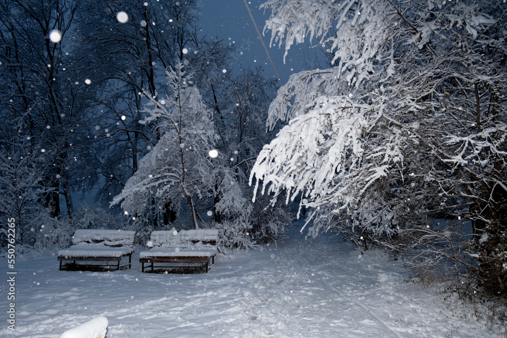 Two benches on the bank of the river under snowfall in a winter park ...