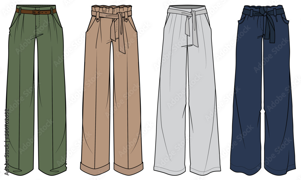 womens belted waist palazzo pant flat technical cad drawing vector ...
