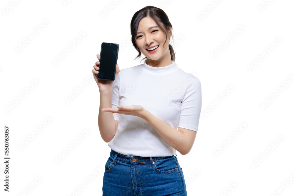 Attractive Young Asian woman showing screen of mobile smartphone with ...