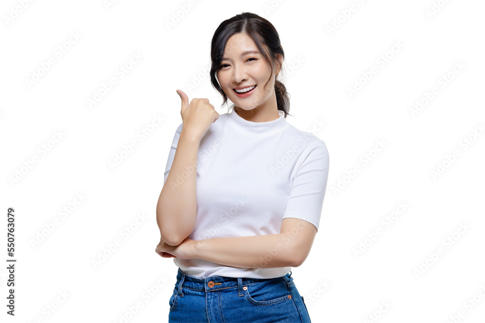 Happy young Asian woman feeling happiness and gesture thumb up with ...