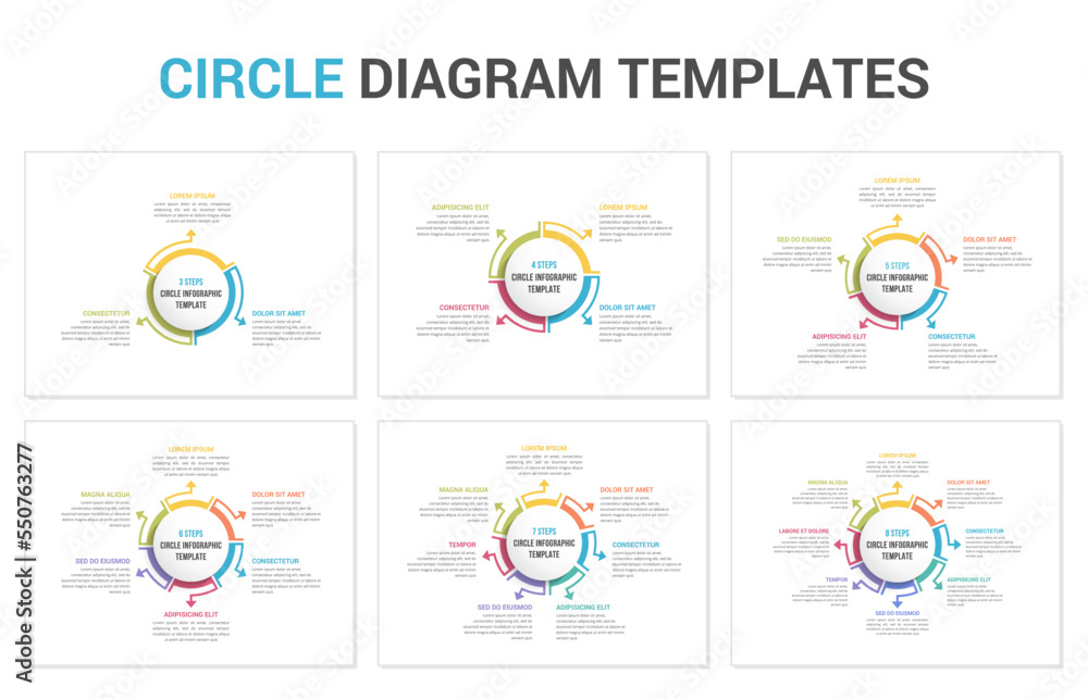 Circle diagram templates set - 3, 4, 5, 6, 7 and 8 elements, circle ...