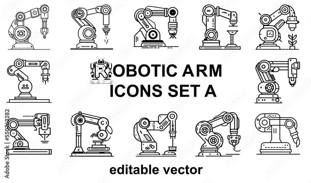 Robot arm icons set, futuristic manufacturing style, linear icons of robotic arm, editable ...