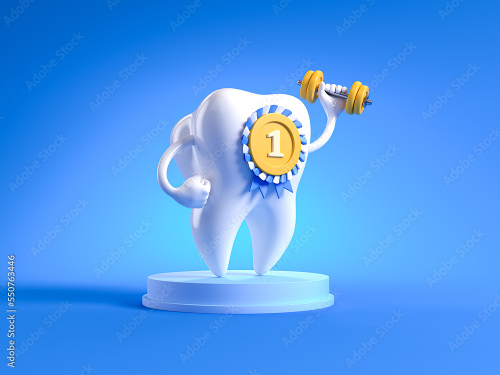 Strong tooth lifting dumbbells with medal first place. Cartoon dental ...