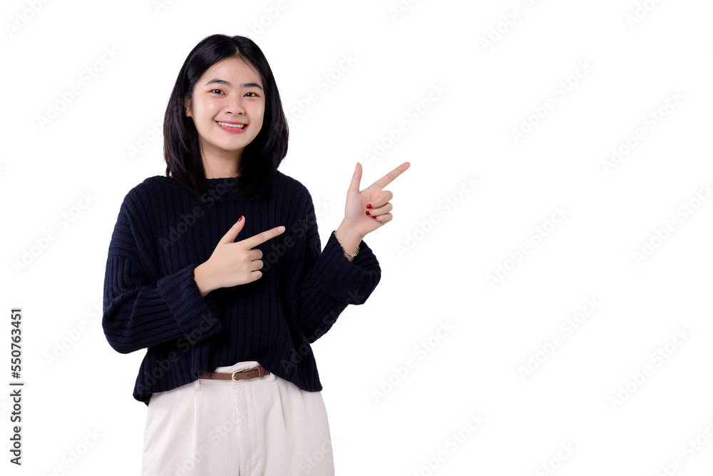 Happy young Asian woman feeling happiness and gesture pointing finger ...