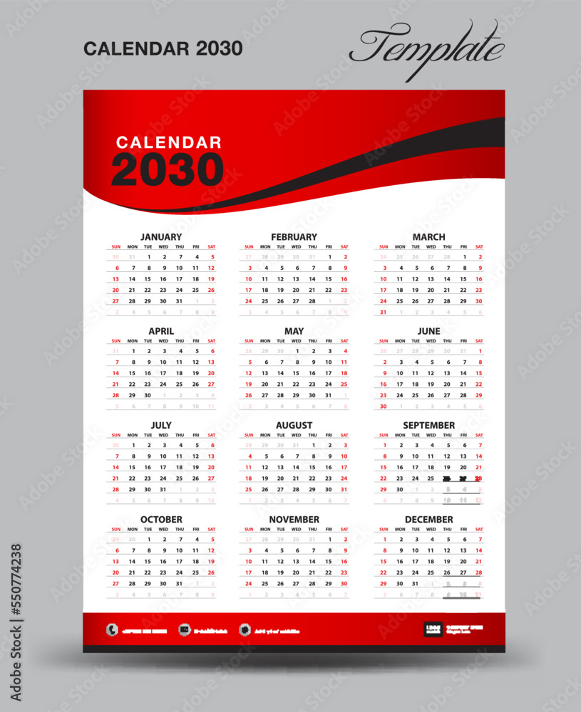 Wall desk calendar 2030 template, desk calendar 2030 design, Week start ...