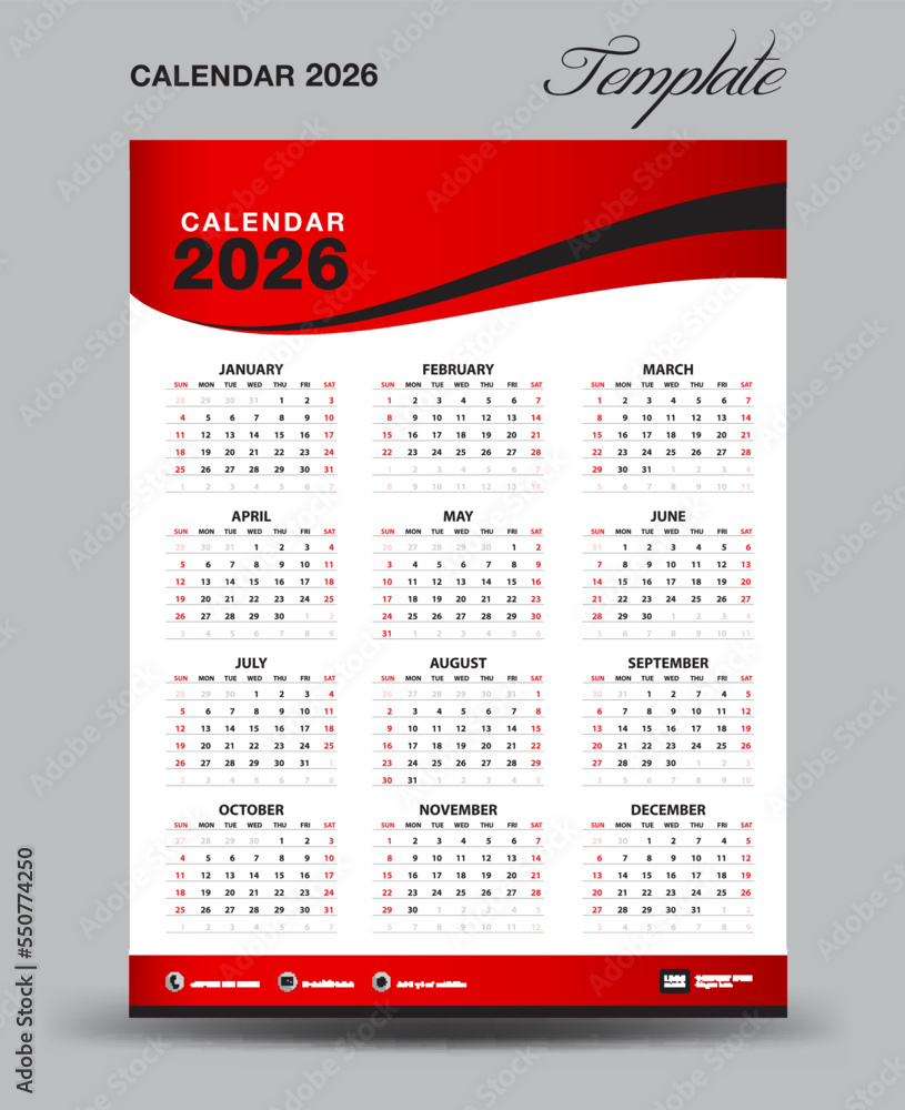 Vecteur Stock Wall desk calendar 2026 template, desk calendar 2026 ...