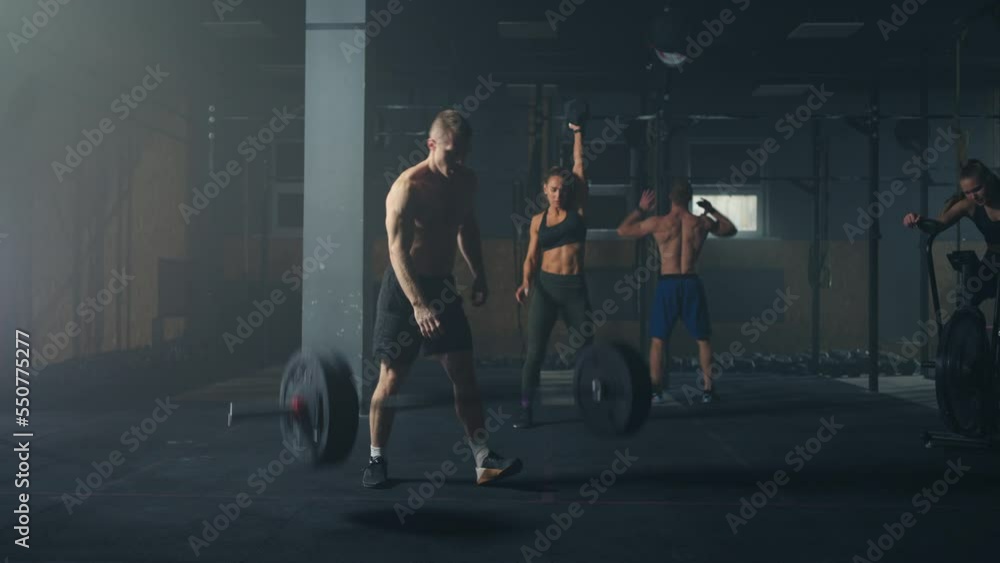 team of bodybuilders in gym class of modern fitness center, male and ...