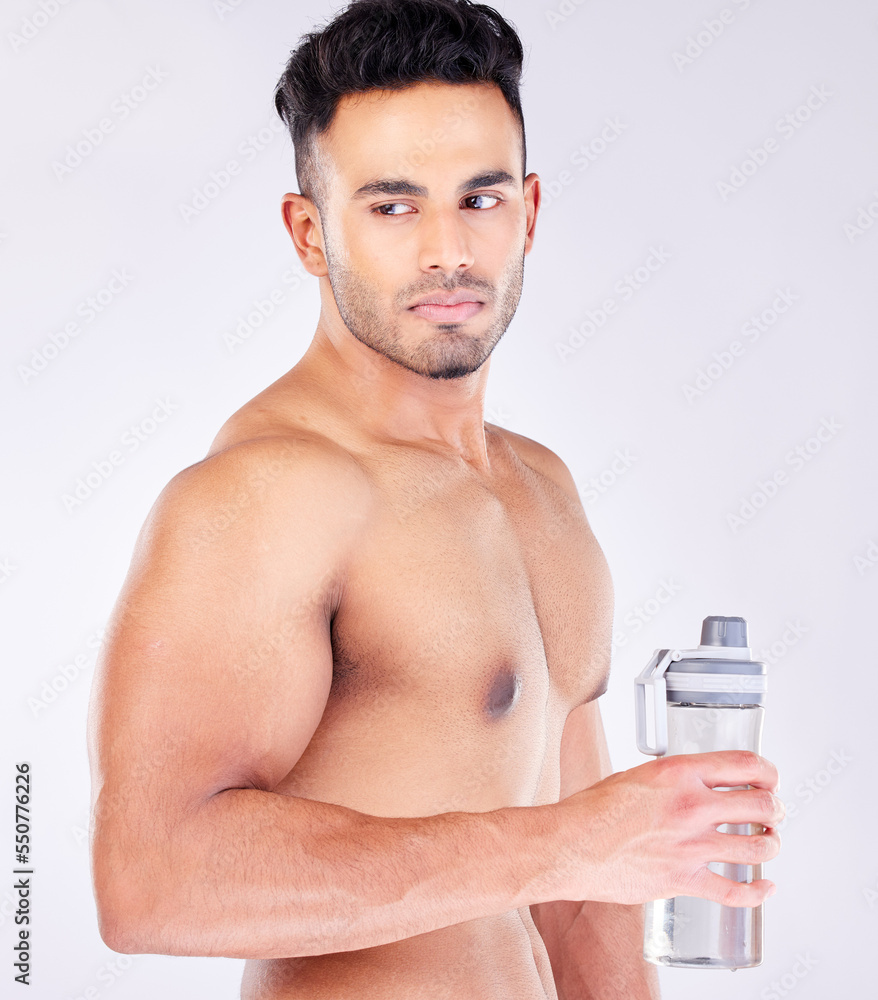 Fit, strong and workout break and water bottle with a man ready to ...