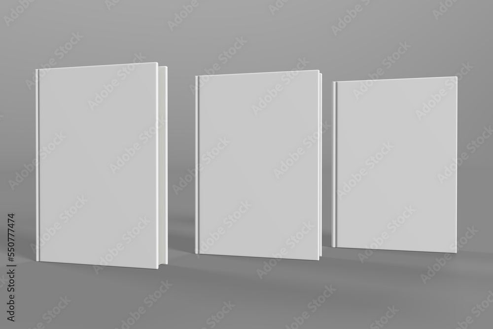 Realistic 3d book mockup illustration with 3 hard covers. Book mockup standing on isolated gray ...