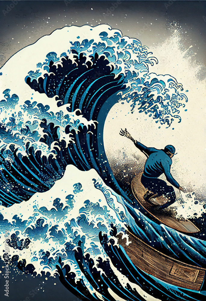 Kanagawa wave surfer illustration generated with Artificial ...