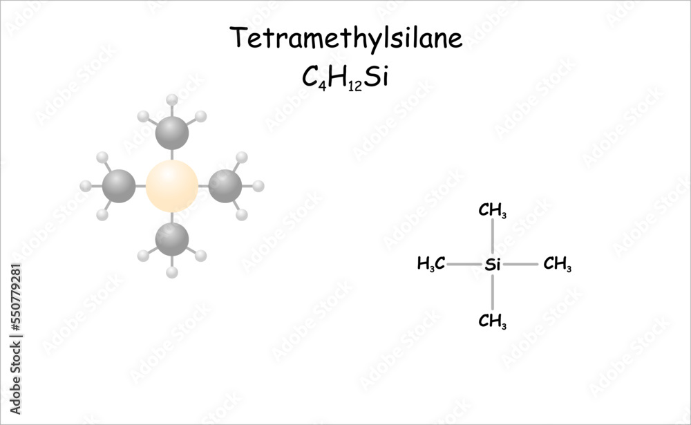 Stylized molecule model/structural formula of tetramethylsilane. Stock ...