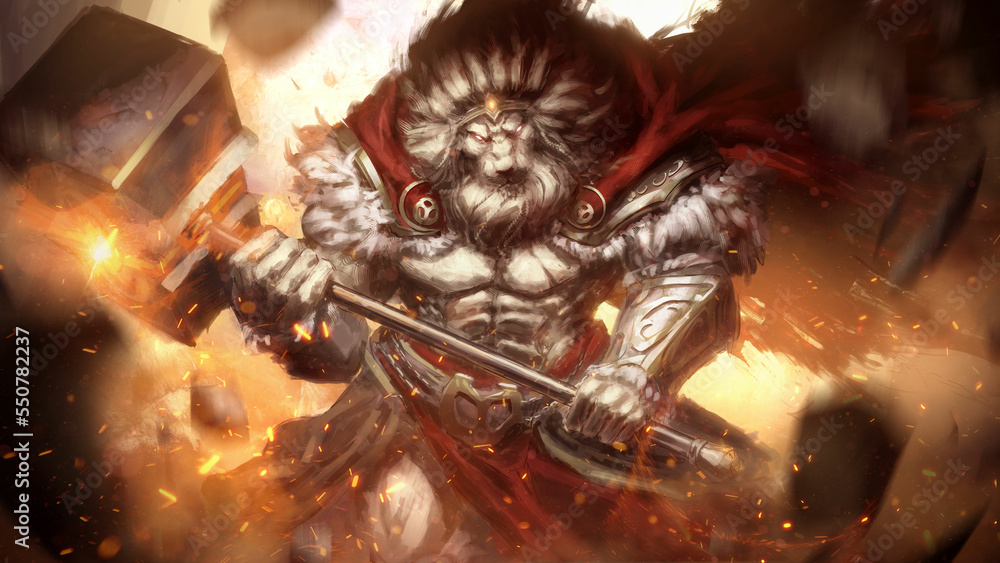 Ilustrace „A brutal muscular half-lion beastman in a red cloak with a ...