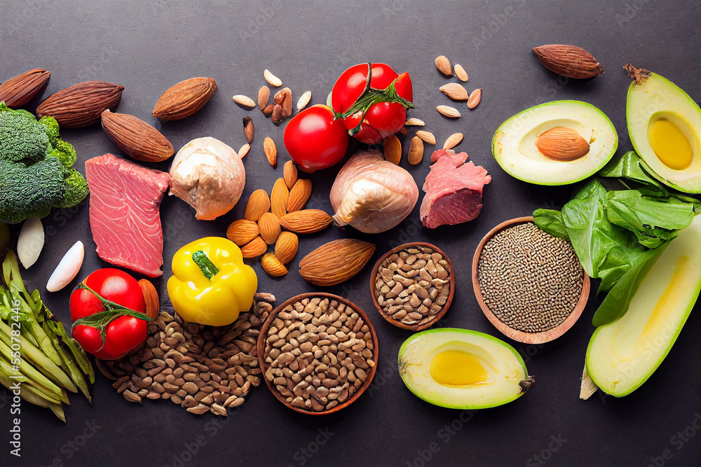 Healthy food for balanced diet background. Overhead view of a large ...