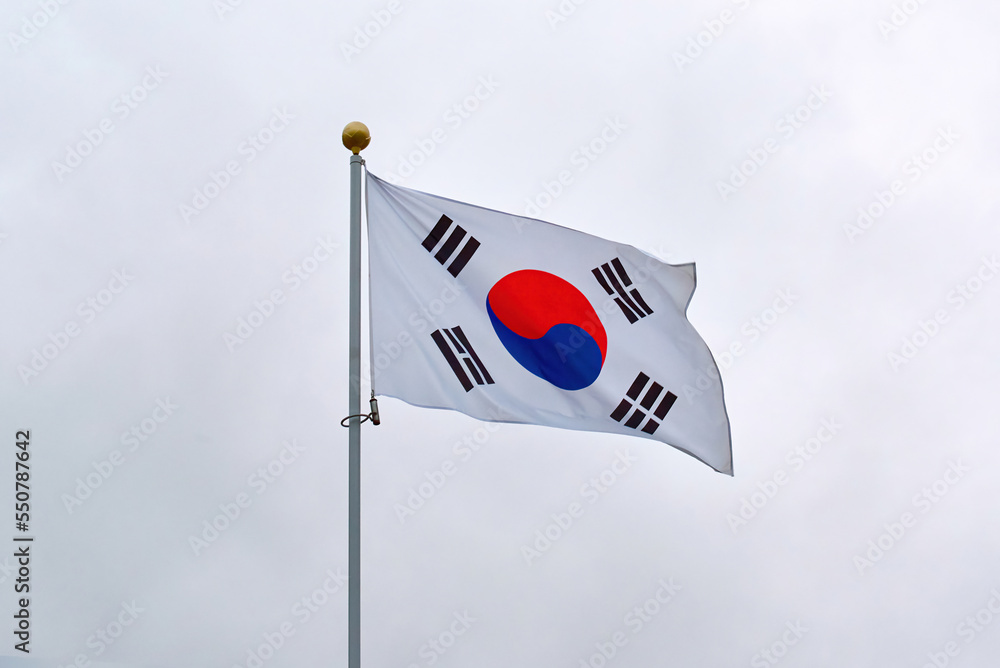 South Korea flag waving against gray clouds. Korean national flag Stock ...