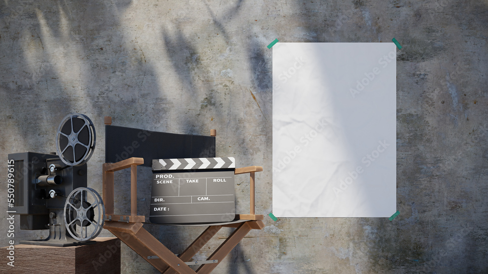poster mock up with Film director's chair and film projector, 3d ...