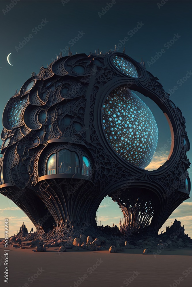 black futuristic sphere house in a desert with big curved windows ...