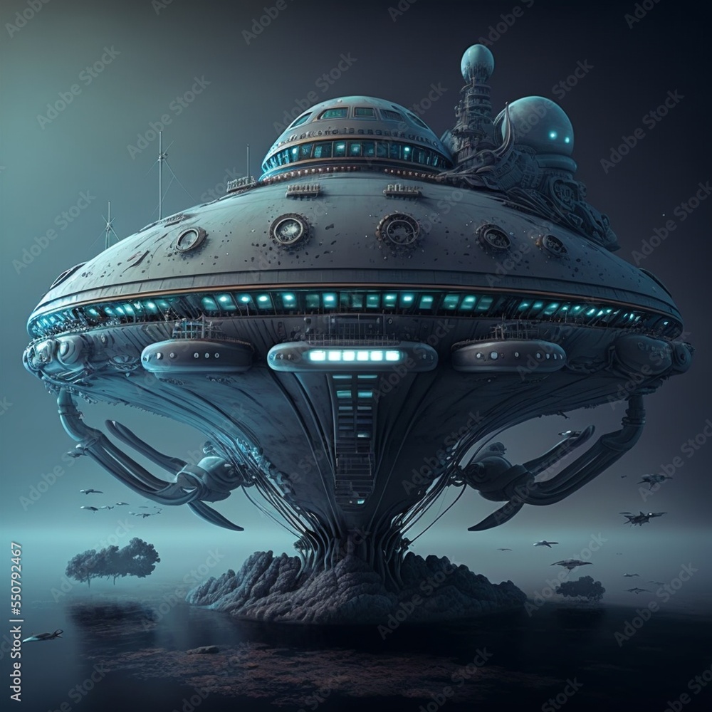Conceptual Alien Spaceship Landing Stock Illustration | Adobe Stock