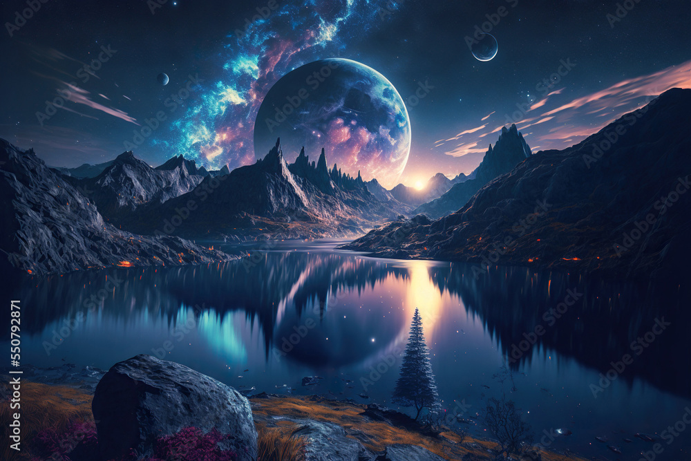 Beautiful alien landscape, mountains, big planets and night sky ...