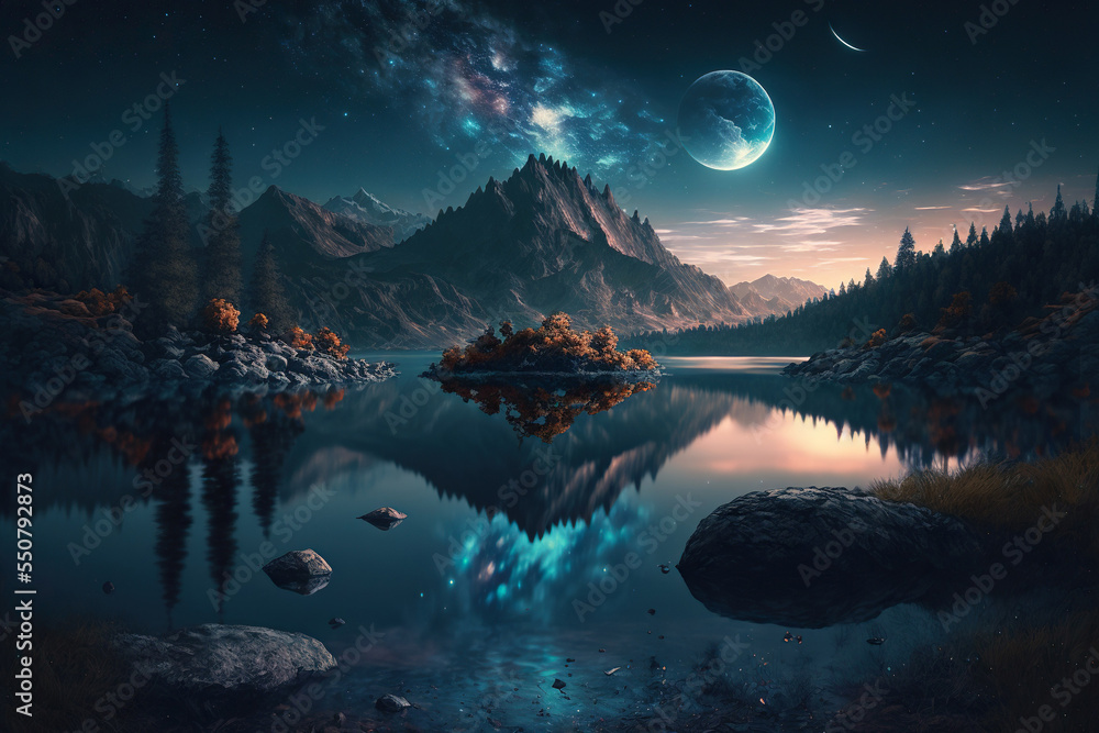 Beautiful alien landscape, mountains, big planets and night sky ...