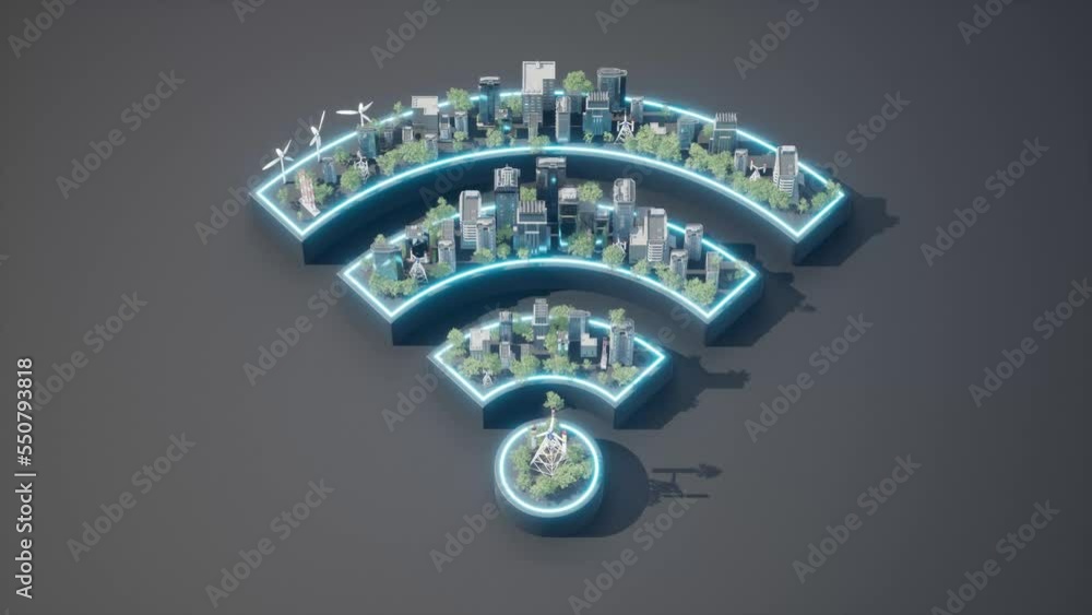 3D wifi symbol with commercial building, windmill and greenery ...