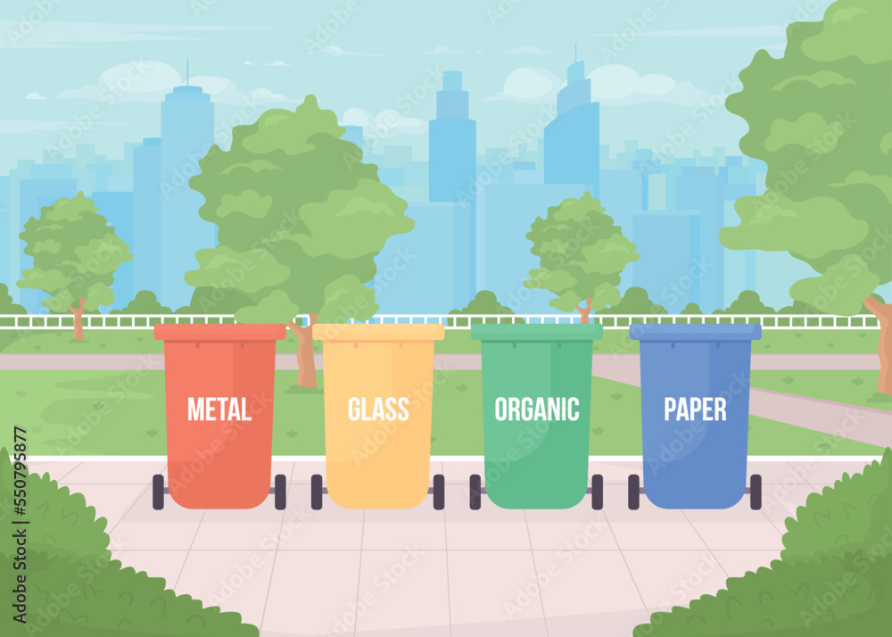Garbage separation bins flat color vector illustration. Recycling ...