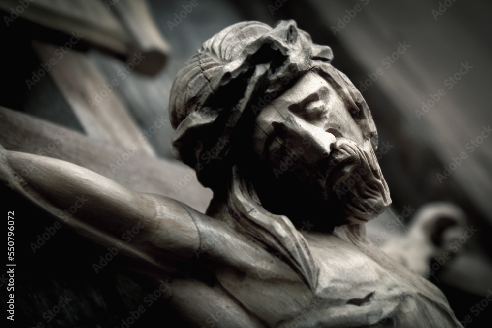 Poster Close up an ancient wooden statue of holy cross with crucified Jesus Christ – Wall Art ...