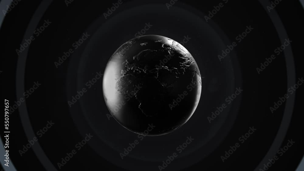 3D animation of a chrome globe rotating with circle rings. Futuristic ...