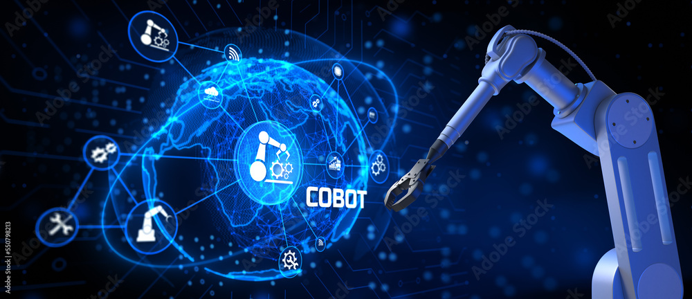 Cobot collaborative robot arm 3d render. industrial automation ...