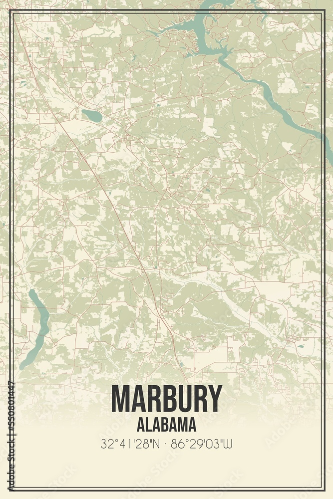 Retro US city map of Marbury, Alabama. Vintage street map. Stock ...