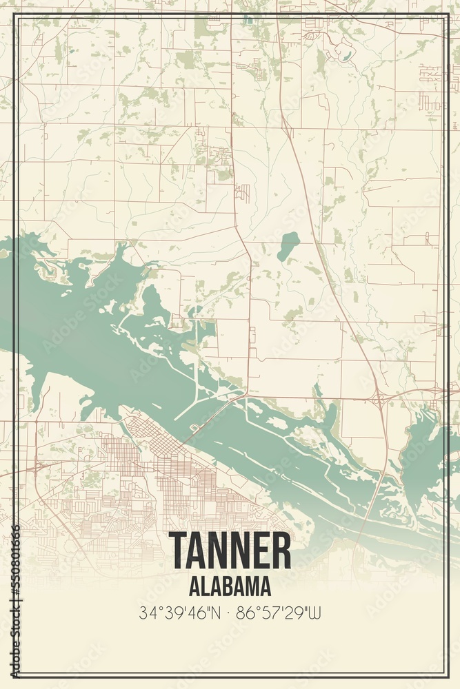 Poster Retro US city map of Tanner, Alabama. Vintage street map. – Wall ...