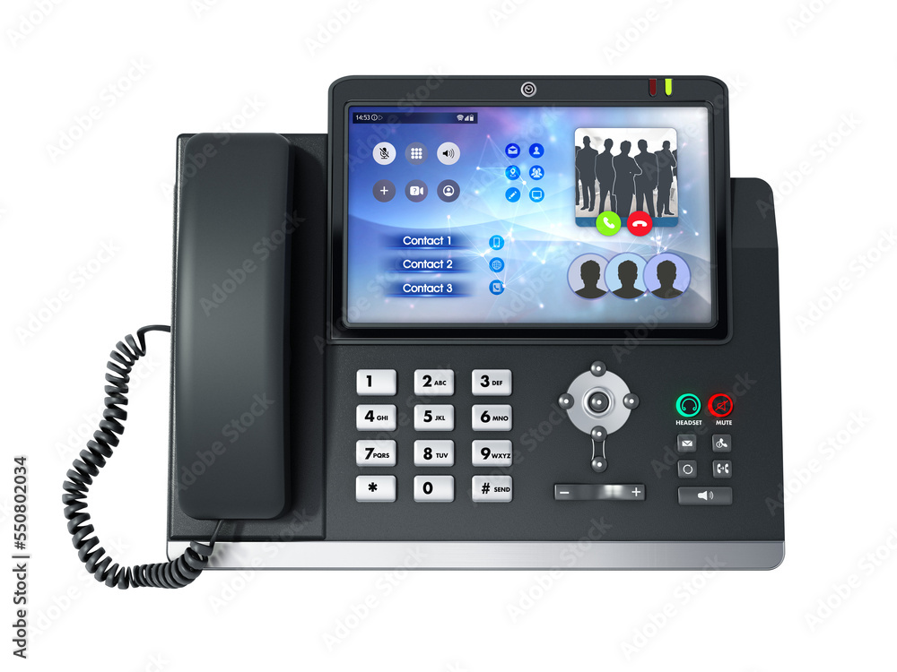 Modern VoIP or Voice over IP phone with LED screen on transparent ...