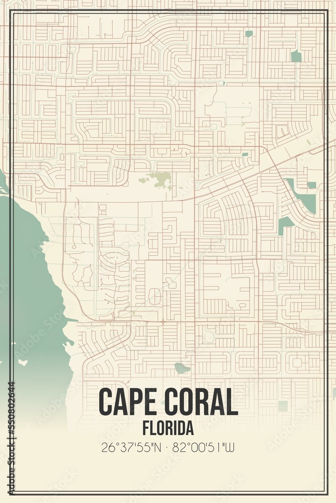 Retro US city map of Cape Coral, Florida. Vintage street map. Stock ...