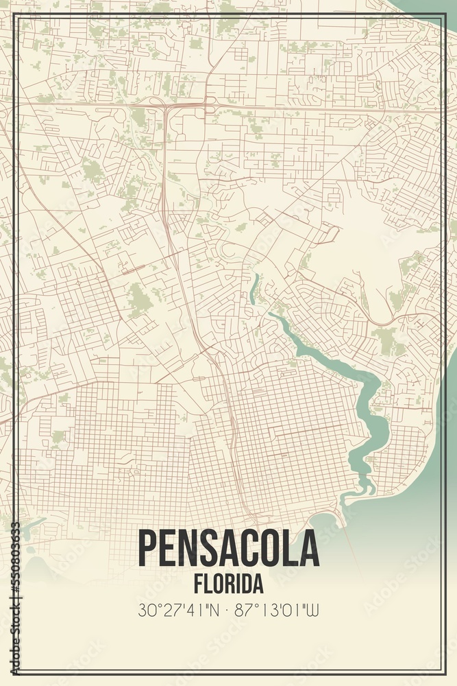 Retro US city map of Pensacola, Florida. Vintage street map. Stock ...