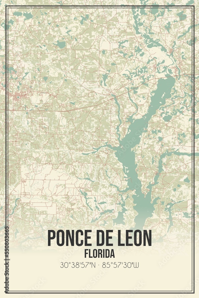 Poster Retro US city map of Ponce De Leon, Florida. Vintage street map ...
