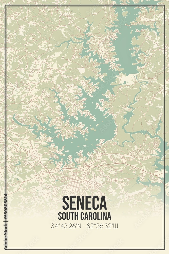 Poster Retro US city map of Seneca, South Carolina. Vintage street map ...