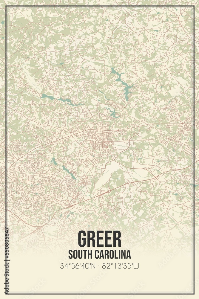 Retro US city map of Greer, South Carolina. Vintage street map. Stock ...