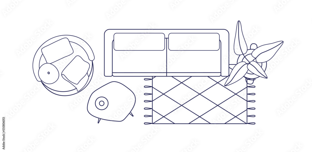 Sofa and armchair in living room interior design, top view. Overhead ...