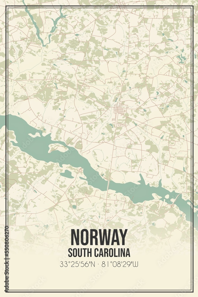 Retro US city map of Norway, South Carolina. Vintage street map. Stock ...