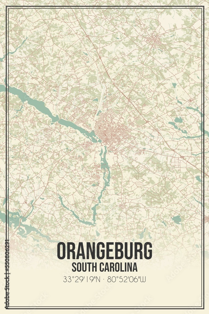 Retro US city map of Orangeburg, South Carolina. Vintage street map ...