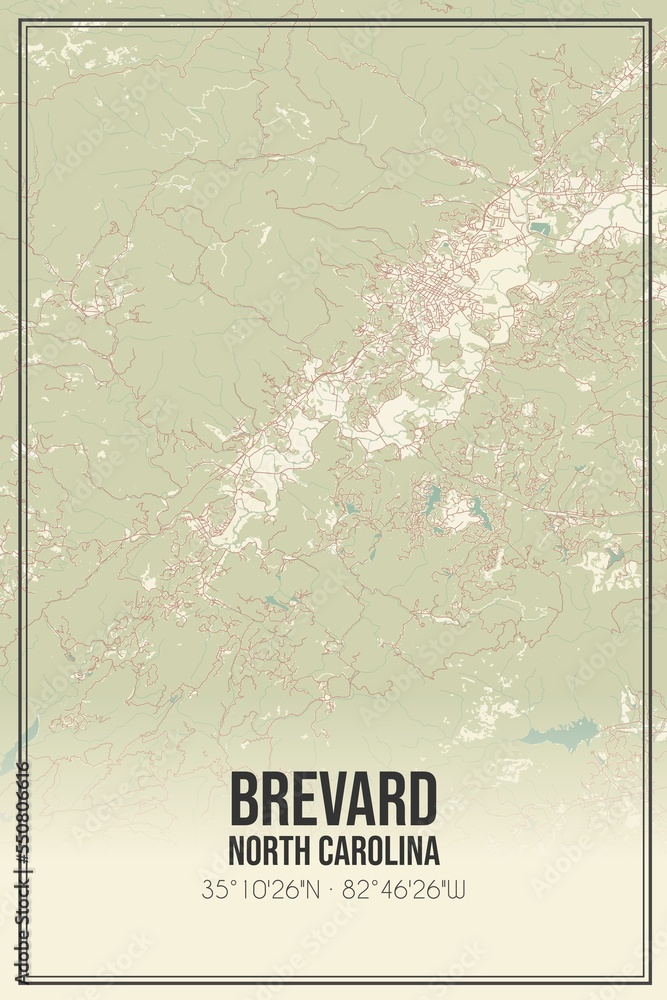 Retro US city map of Brevard, North Carolina. Vintage street map. Stock ...